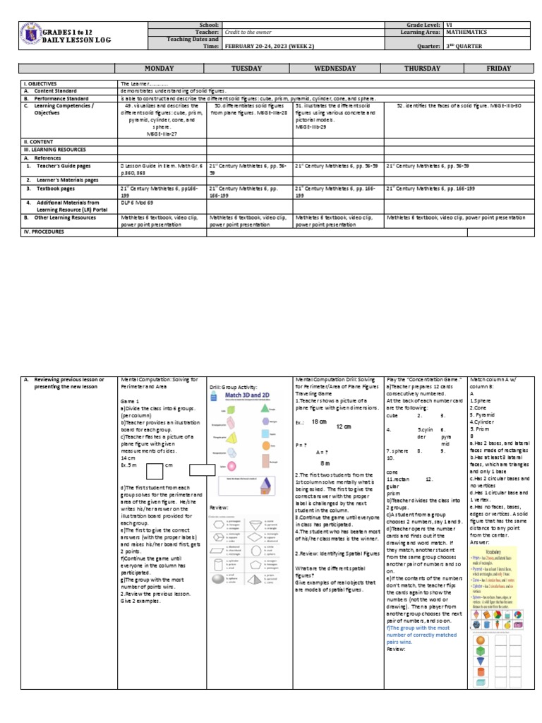 DLL - Mathematics 6 - Q3 - W2 | PDF | Shape | Area