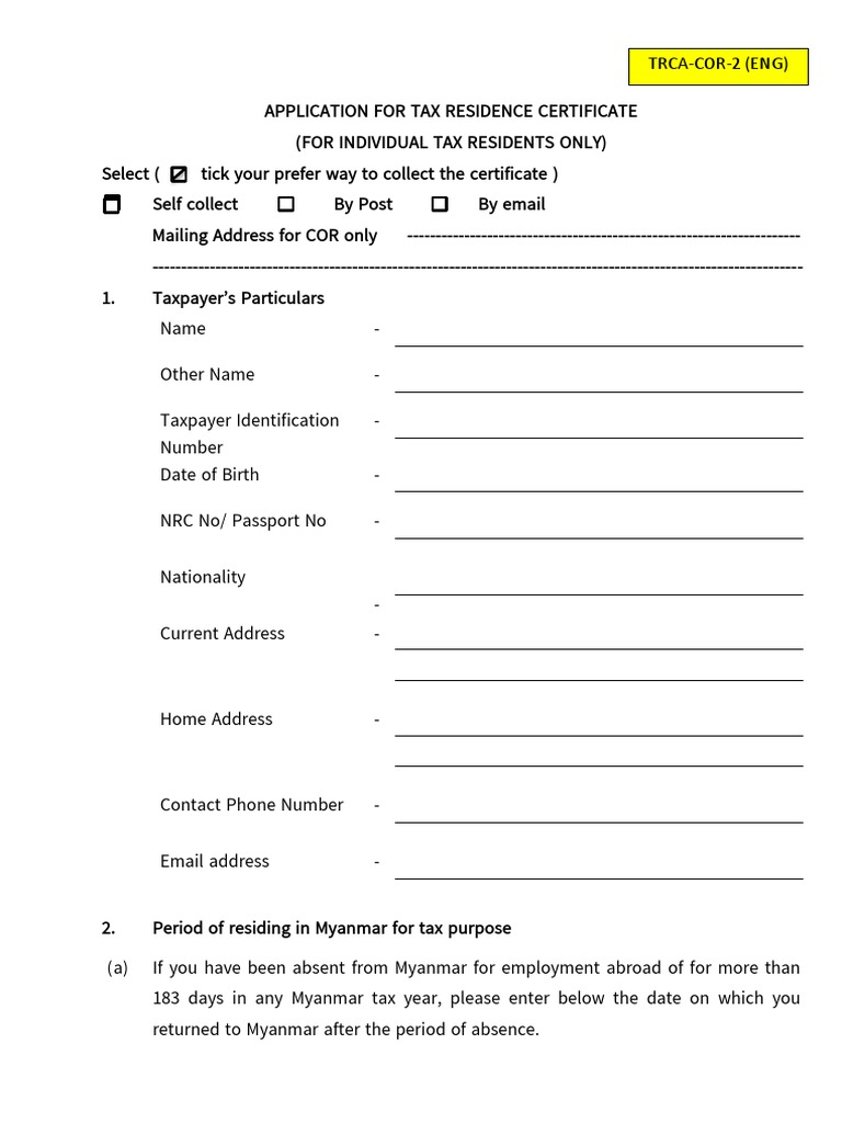 Tax Residence Certificate Application Form | PDF | Double Taxation | Taxes