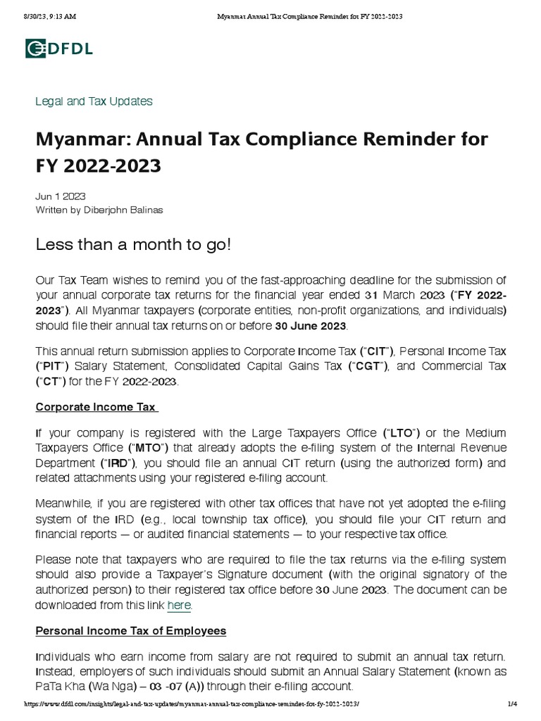 Myanmar Annual Tax Compliance Reminder For FY 2022-2023 | PDF