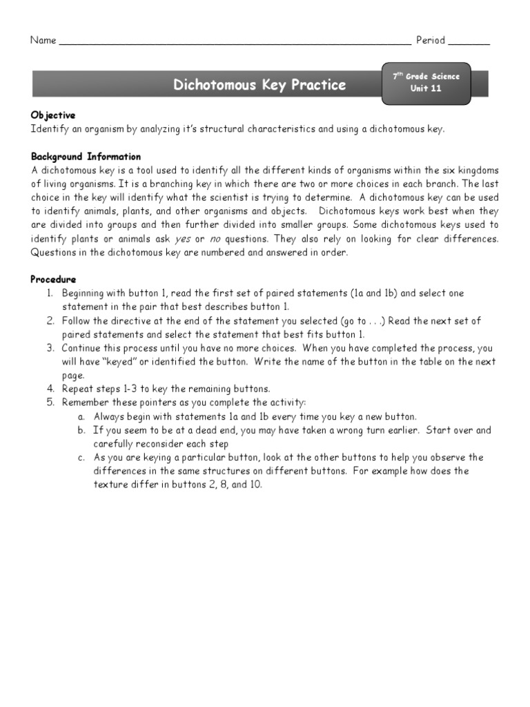 Dichotomous Key Practice for Organisms | PDF | Organisms | Cognition
