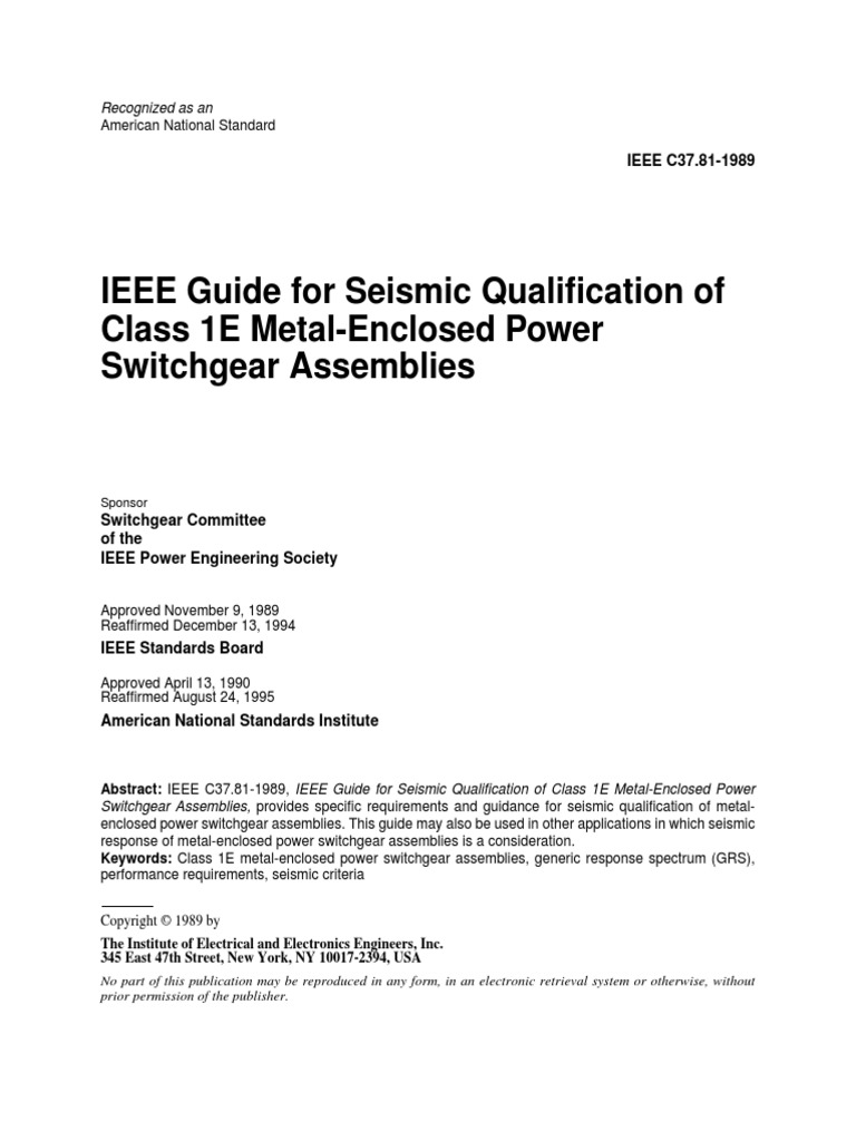 IEEE Guide For Seismic Qualification of Class 1E Metal-Enclosed Power ...