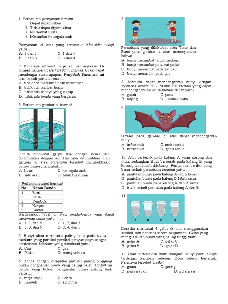 Soal IPAS Kelas 5 Bunyi Dan Sifatnya | PDF