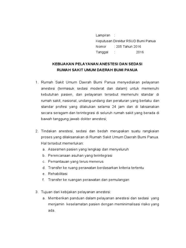 Kebijakan Pelayanan Anestesi Dan Sedasi | PDF | Kesehatan Holistik