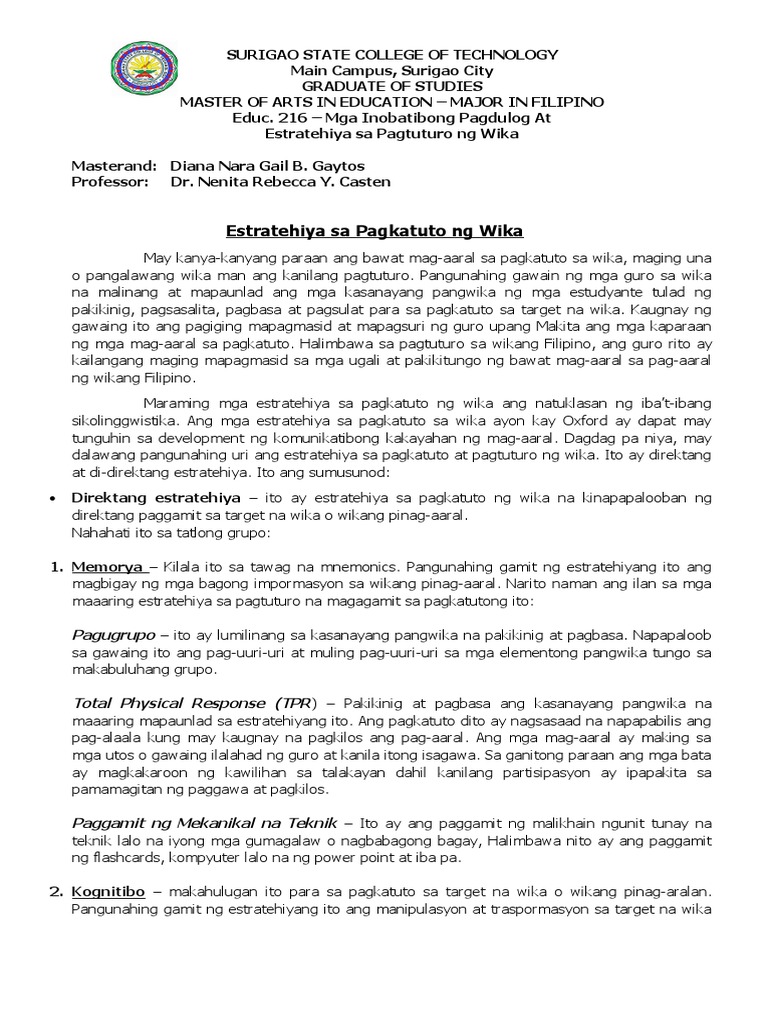 Estratehiya Sa Pagkatuto NG Wika | PDF