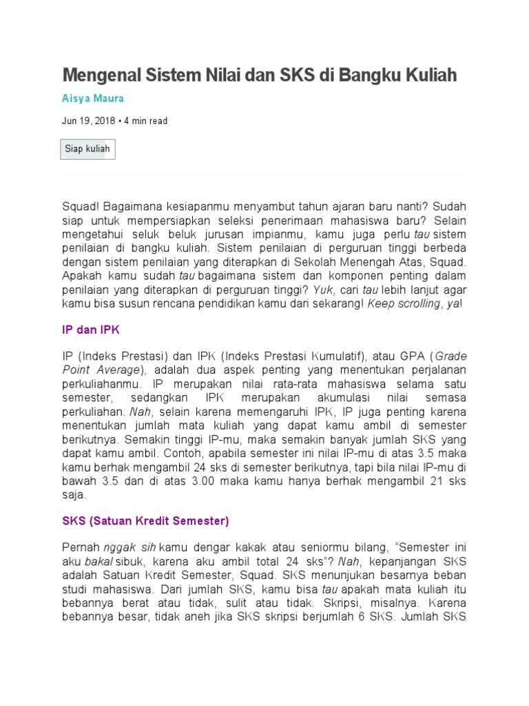 Mengenal Sistem Nilai Dan SKS Di Bangku Kuliah | PDF