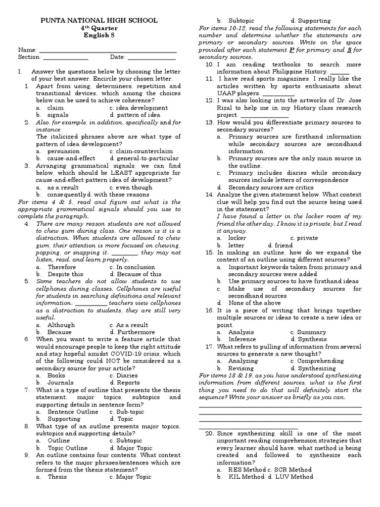 8 TQ Quarter4 | PDF | Human Communication | Cognitive Science