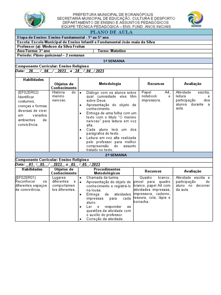 3º PLANO de AULA de Ensino Religioso 2023 | Download grátis PDF | Pedagogia