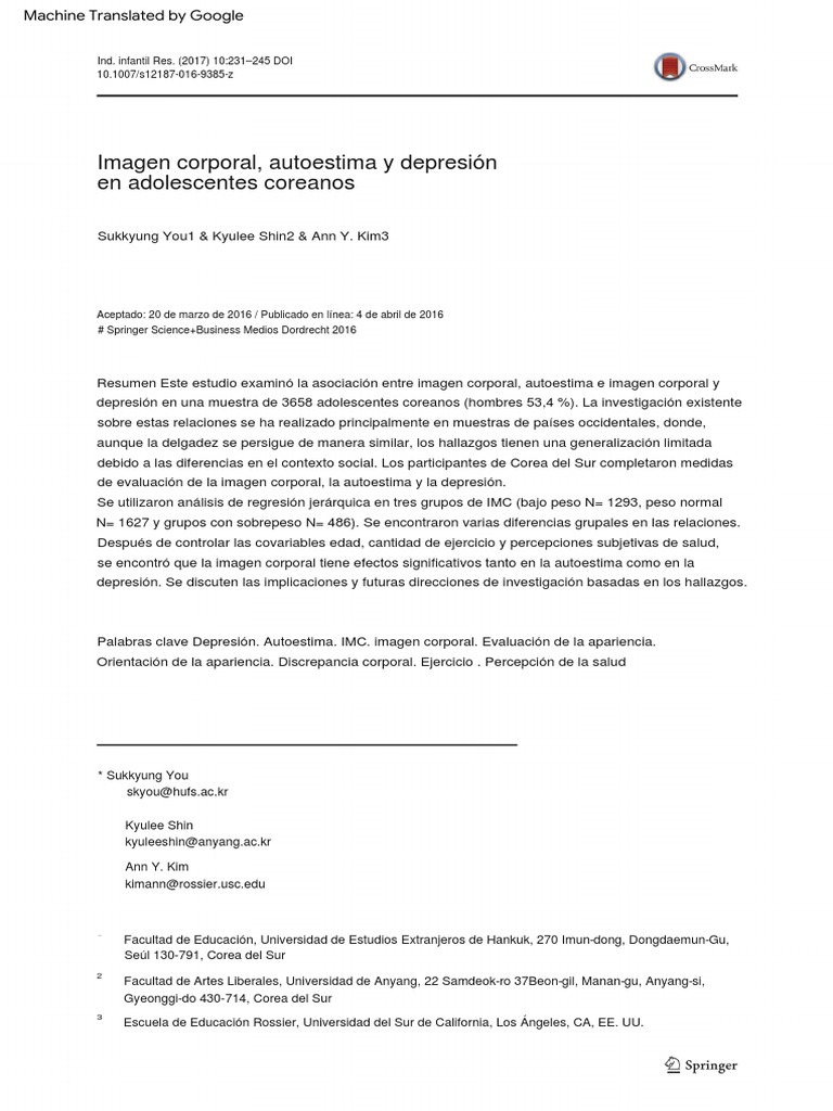 Imagen Corporal, Autoestima y Depresión en Adolescentes Coreanos | PDF ...