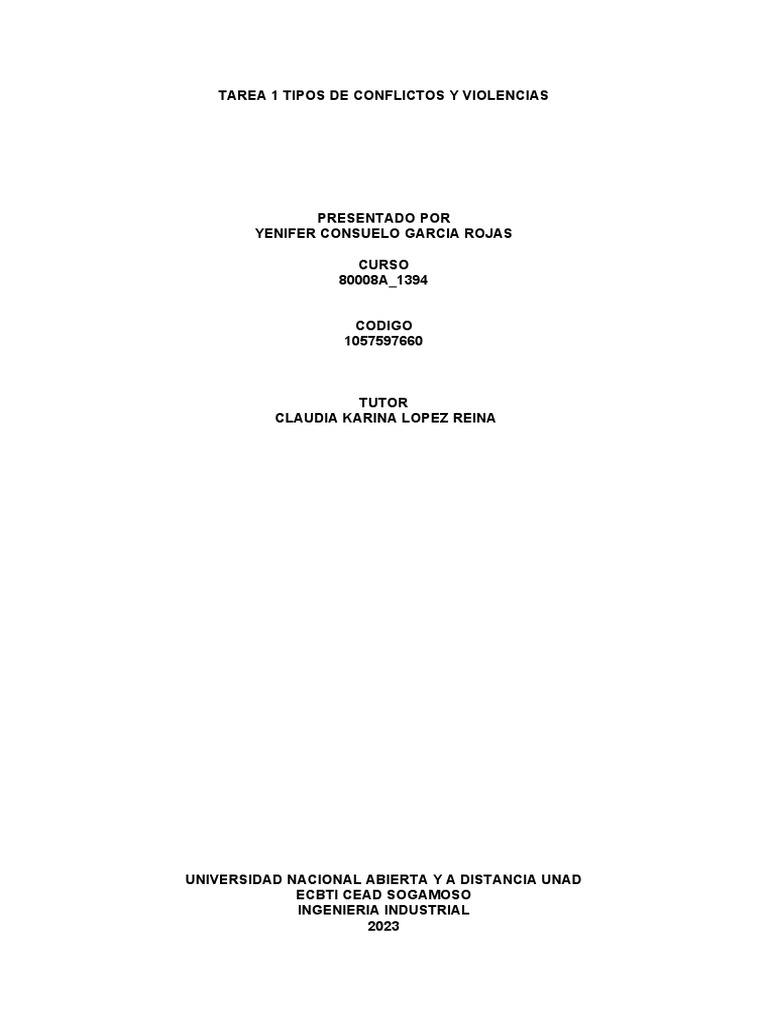 Tarea 1 Tipos De Conflictos Y Violencias Pdf Conflicto Proceso 2454