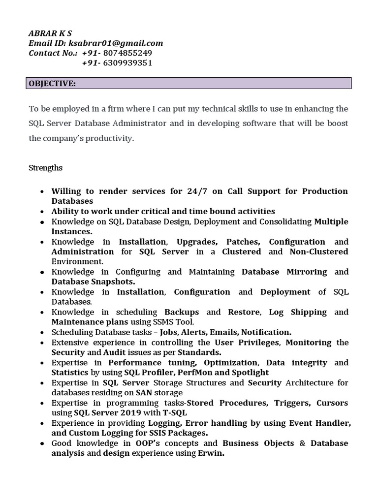 Abrar Freasher Dba | PDF | Databases | Microsoft Sql Server