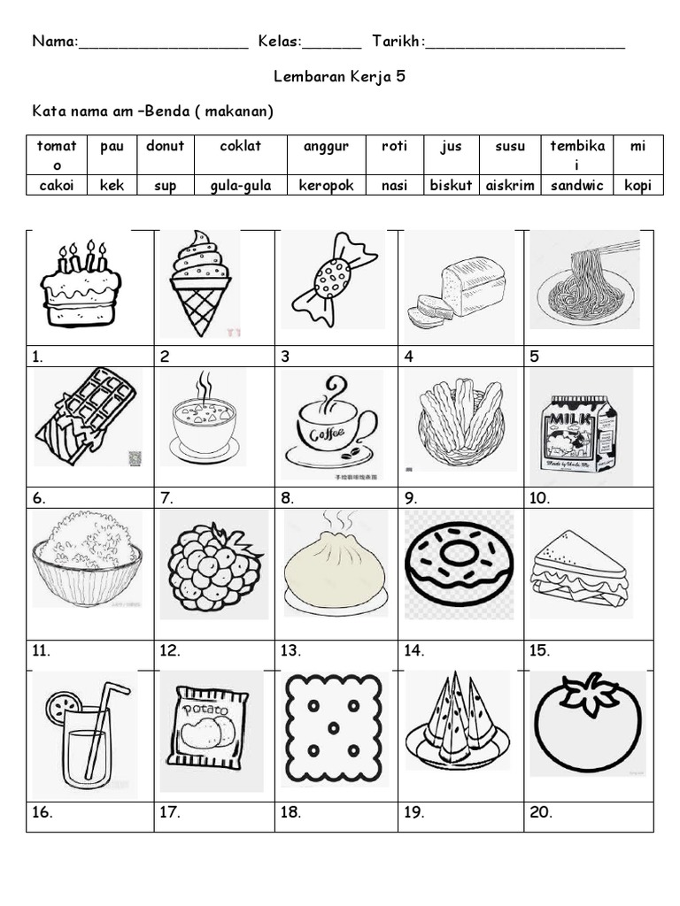 Lembaran Kerja (KATA NAMA AM - BENDA Makanan) | PDF | Memasak, Makanan ...