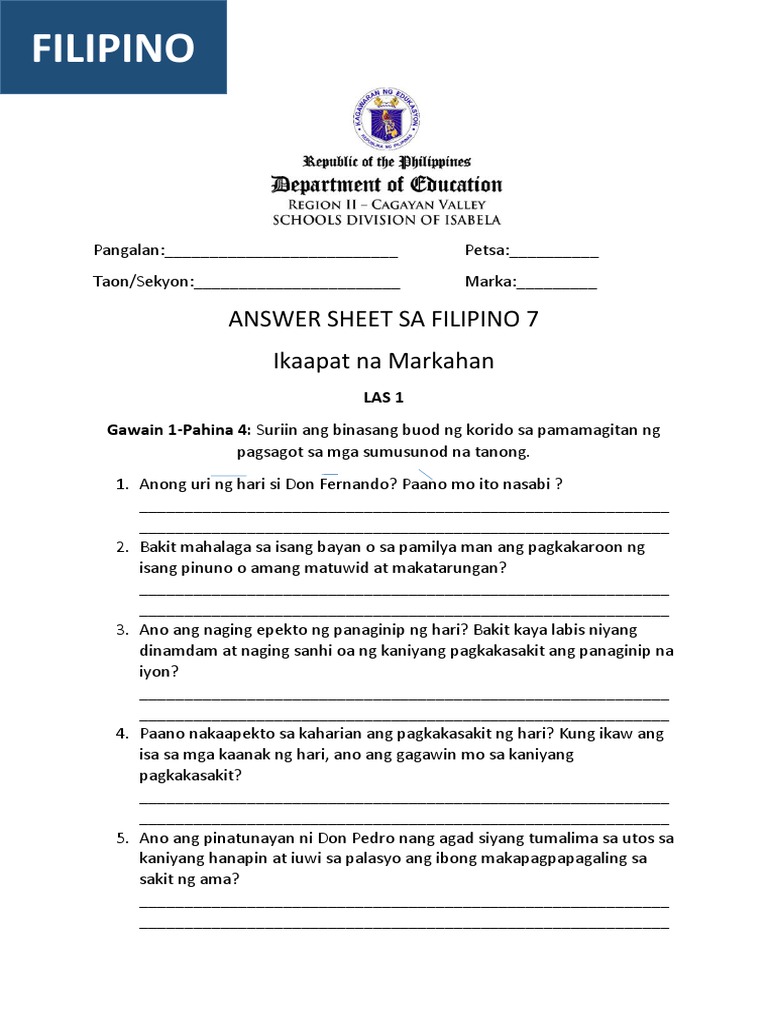 4rt Answer Sheet Sa Filipino 1-6 | PDF