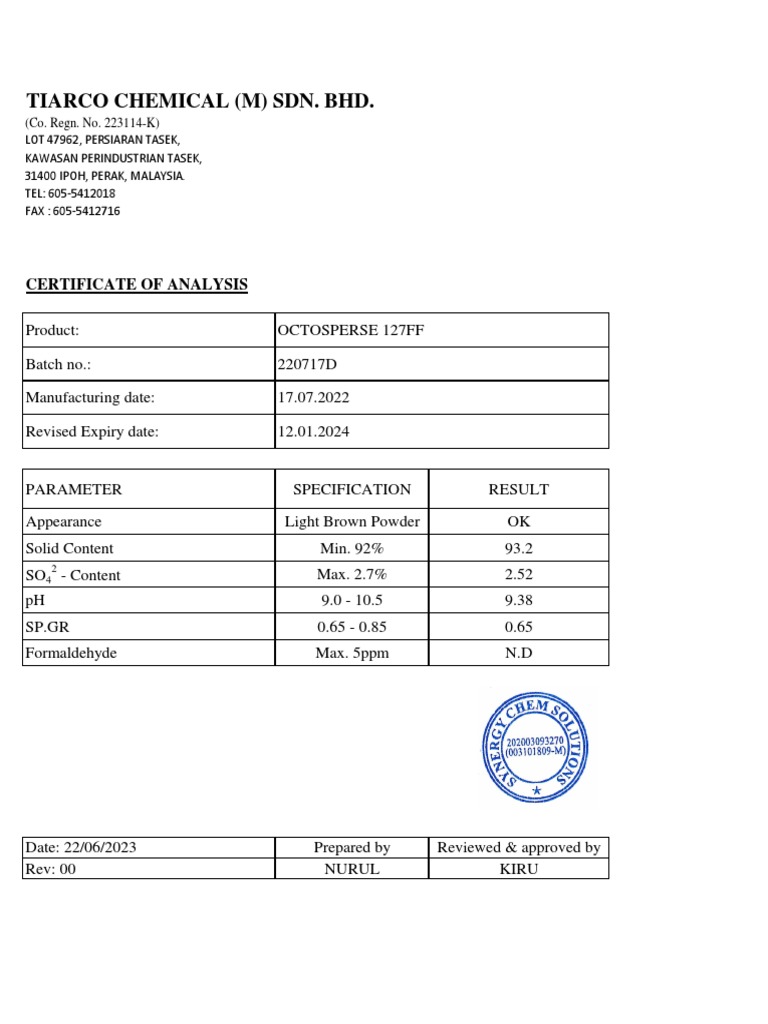 COA Octosperse 127FF (220717D) | PDF | Technology & Engineering