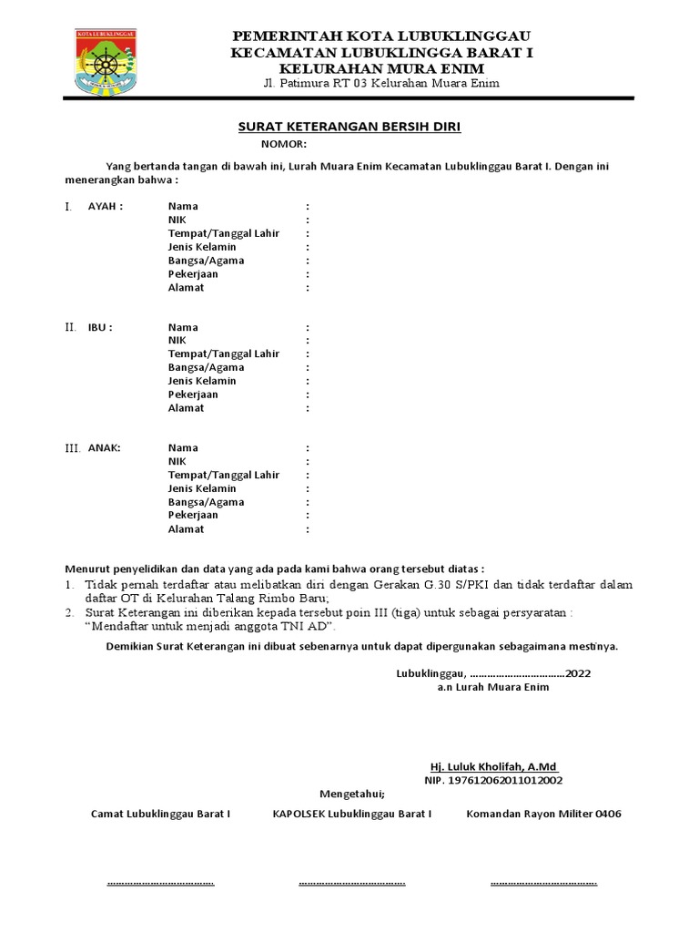 Contoh Surat Keterangan Bersih Diri | PDF