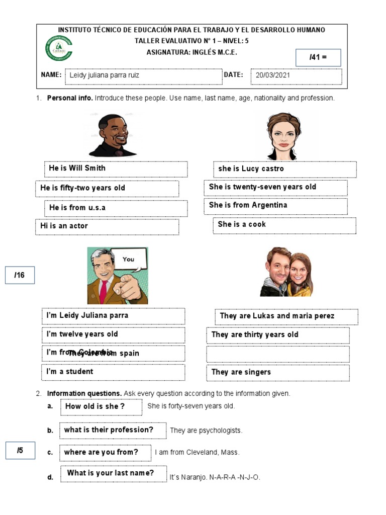 Personal Information and Adjectives Exercise | PDF | Language Arts ...