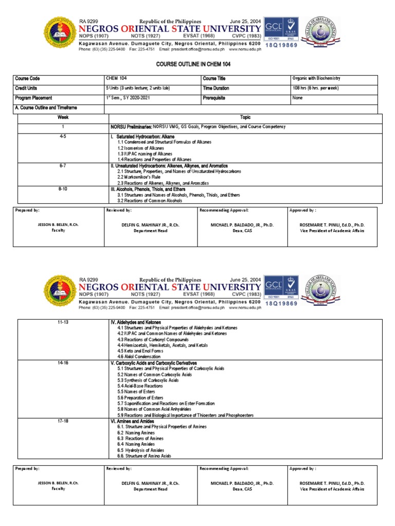COURSE OUTLINE IN CHEM 104-Pysch | PDF | Proteins | Ketone