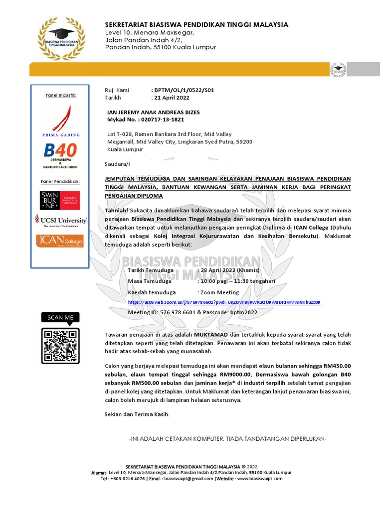 S01 Surat Tawaran Biasiswa (Nama) | PDF