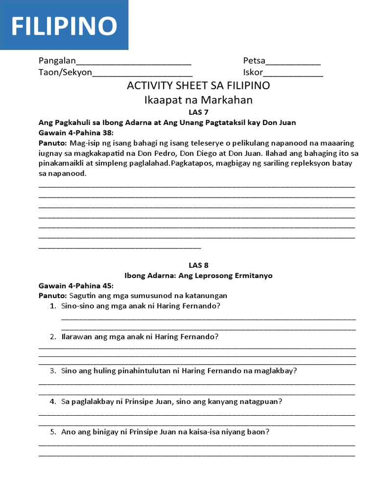 4rt ANSWER SHEET sa FILIPINO 7-12 | PDF