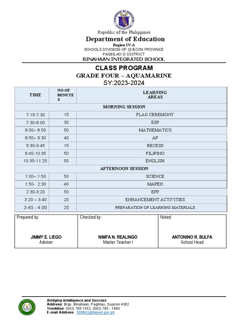 Grade 4 Class Schedule 2023-2024 | PDF | Philippines