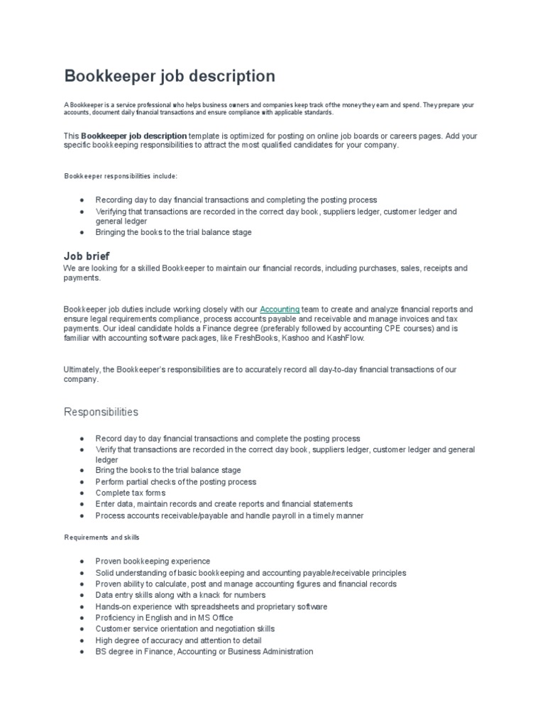Bookkeeper job description | PDF | Bookkeeping | Accounts Payable