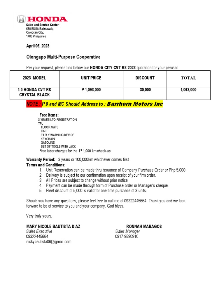 Honda Cars Quotation | PDF