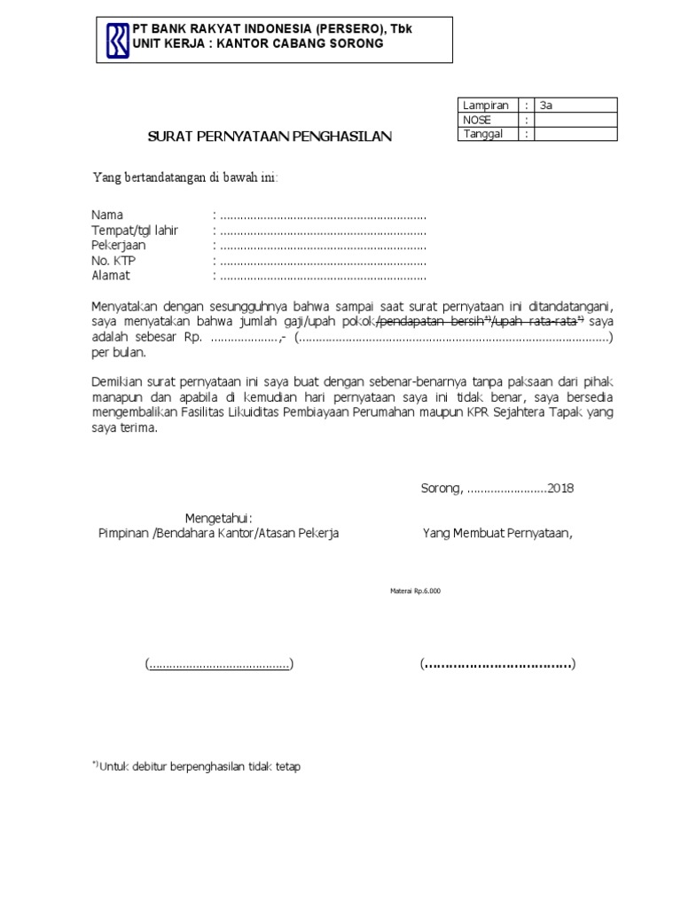 Lampiran 3a - Surat Pernyataan Penghasilan | PDF