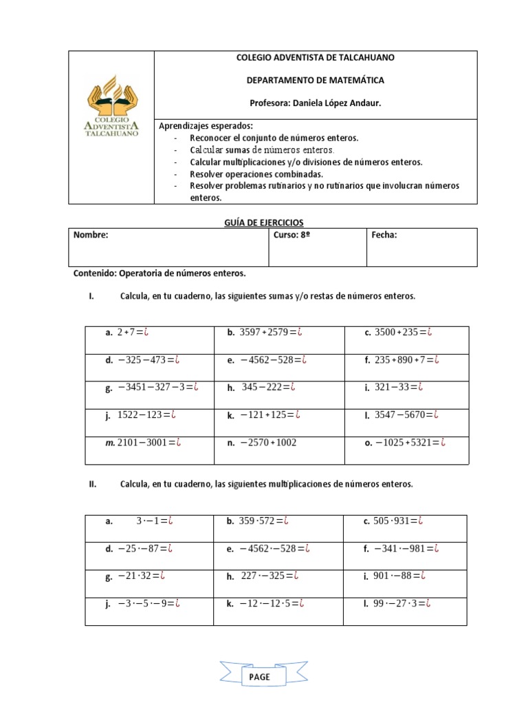 Guía de Operatoria Con Números Enteros | PDF | Conceptos matemáticos ...