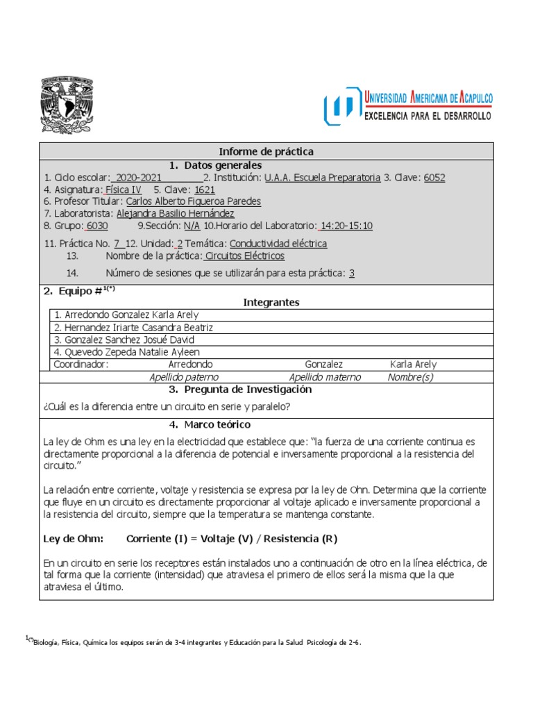 Informe 7 Circuito Electrico | PDF | Corriente eléctrica | Ingenieria Eléctrica