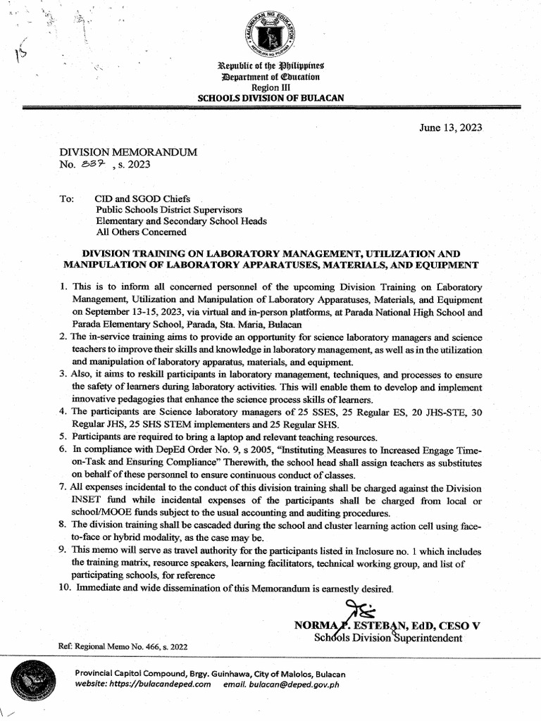 DIV MEMO NO 337 S 2023 LabMgtSeminar | PDF