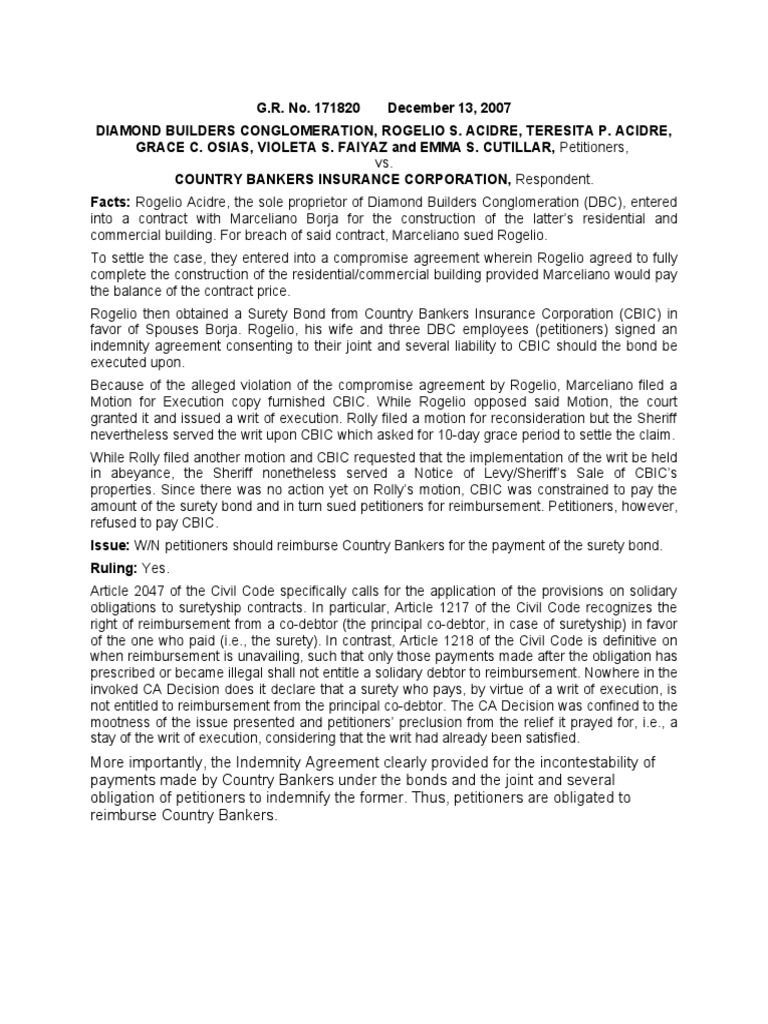 Reimbursement Obligation in Suretyship | PDF | Surety | Legal Concepts