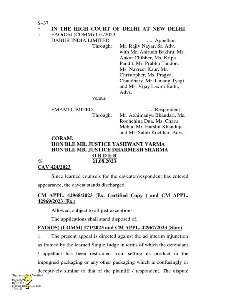 Dabur vs Emami: Trademark Dispute Appeal | PDF | Judge | Injunction