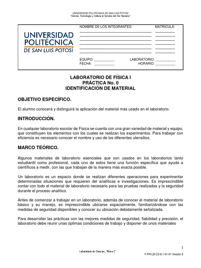 Práctica No. 0 Identificación de Material | PDF | Laboratorios | Fricción