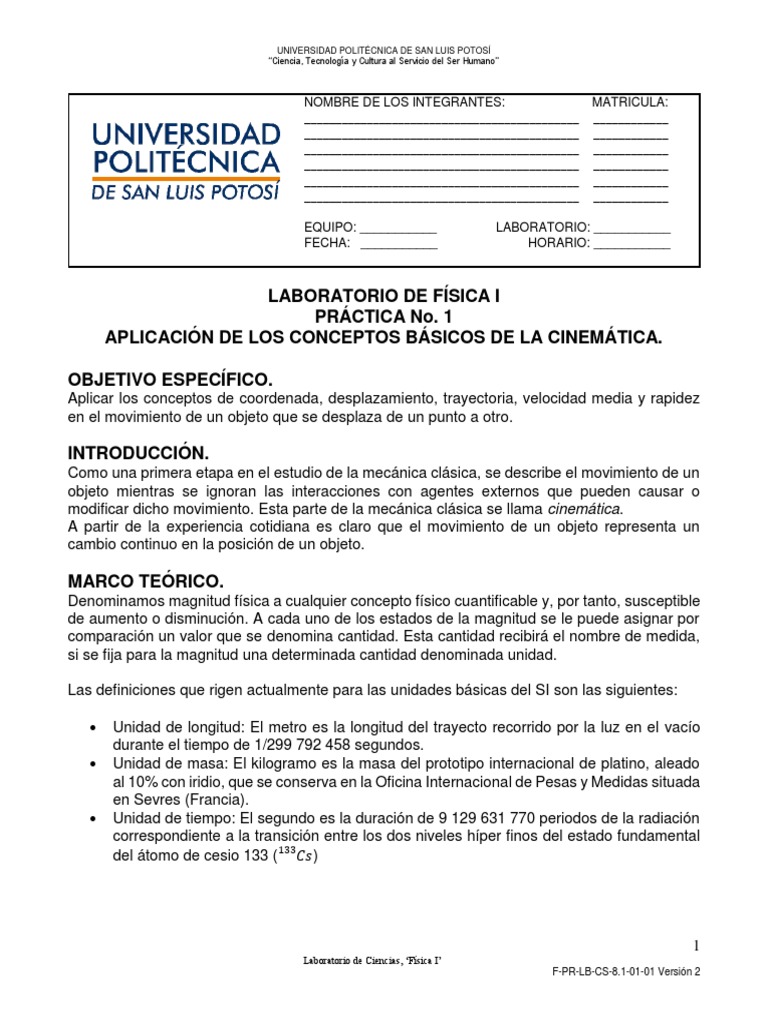 Práctica No. 1 Aplicación de Los Conceptos Básicos de Cinemática | PDF | Velocidad | Cinemática
