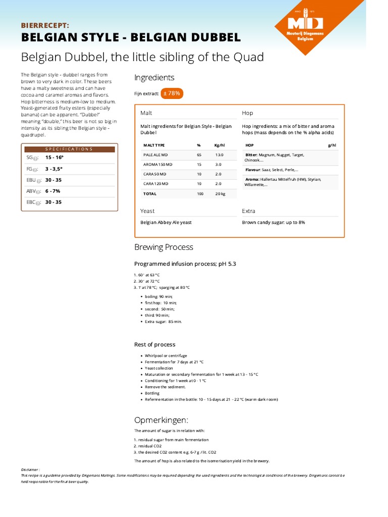 Belgian Dubbel Recipe - Dingemans Malt | PDF | Brewing | Beer