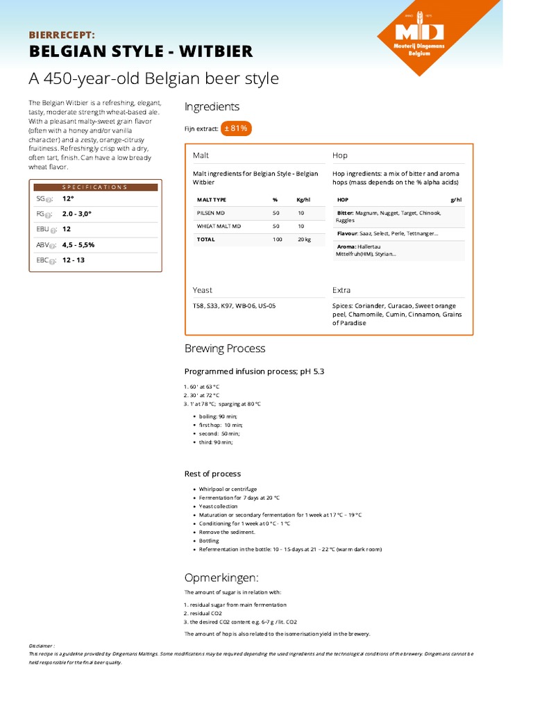 Belgian Witbier Recipe - Dingemans Malt | PDF | Brewing | Hops