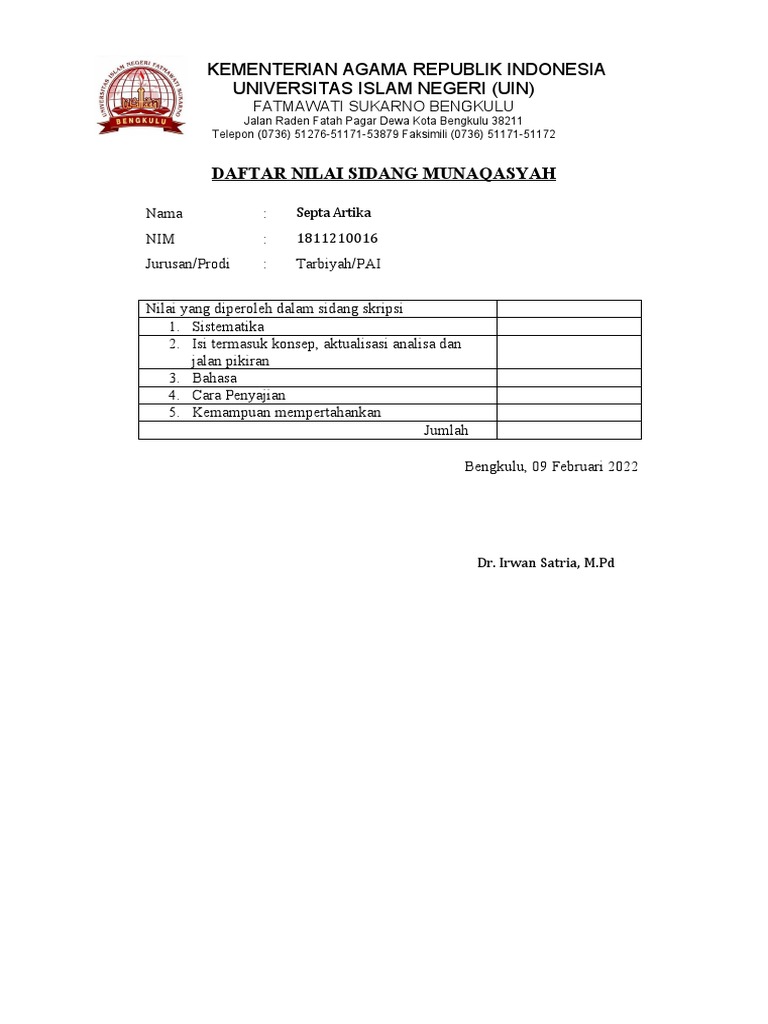 Contoh Daftar Nilai Sidang PAI | PDF