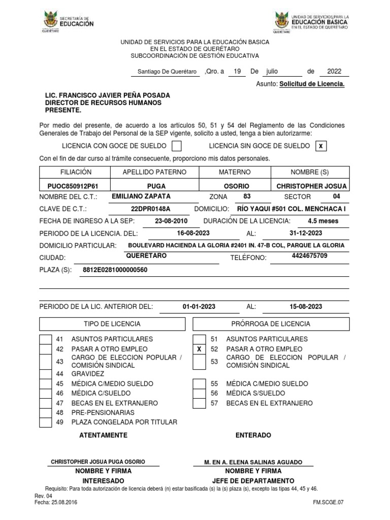 Formato de Solicitud de Licencia (Prorroga) 16-08-2023 | PDF