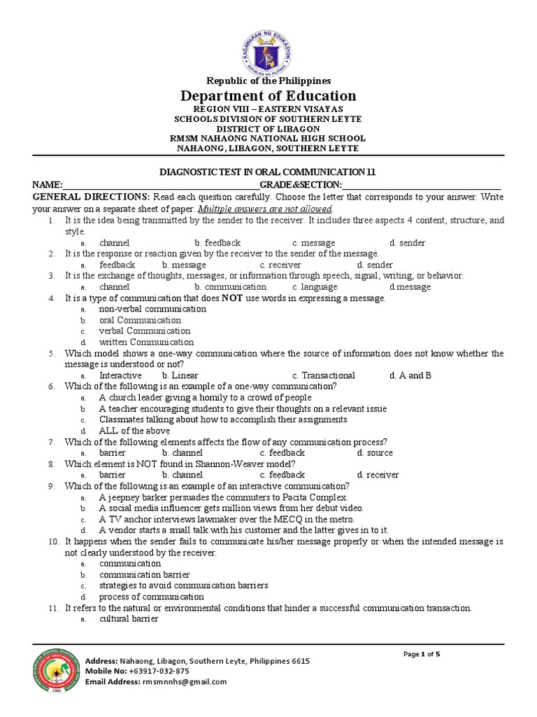 Oral Communication Diagnostic Test | PDF | Communication ...