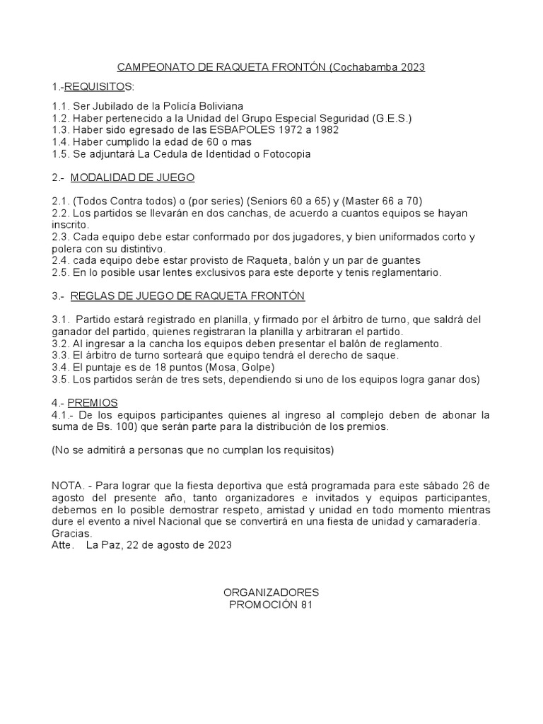 Reglas de Raqueta Fronton | PDF