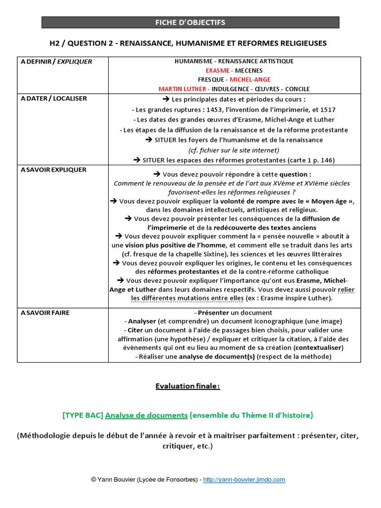 Fiche D'objectifs H2 Q2 | PDF | Renaissance | Humanisme