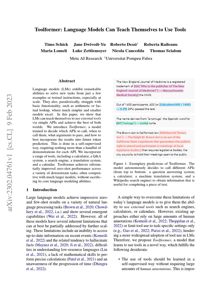 Toolformer - Language Models Can Teach Themselves To Use Tools | PDF | Computing