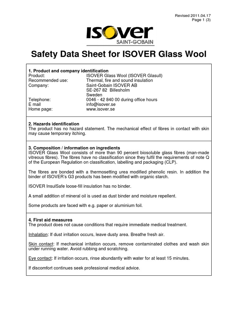 ISOVER Glass Wool Safety Data Sheet | PDF | Waste | Glasses