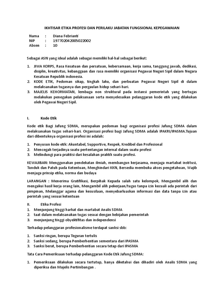 Ikhtisar Etika Profesi Dan Perilaku Jabatan Fungsional Kepegawaian ...