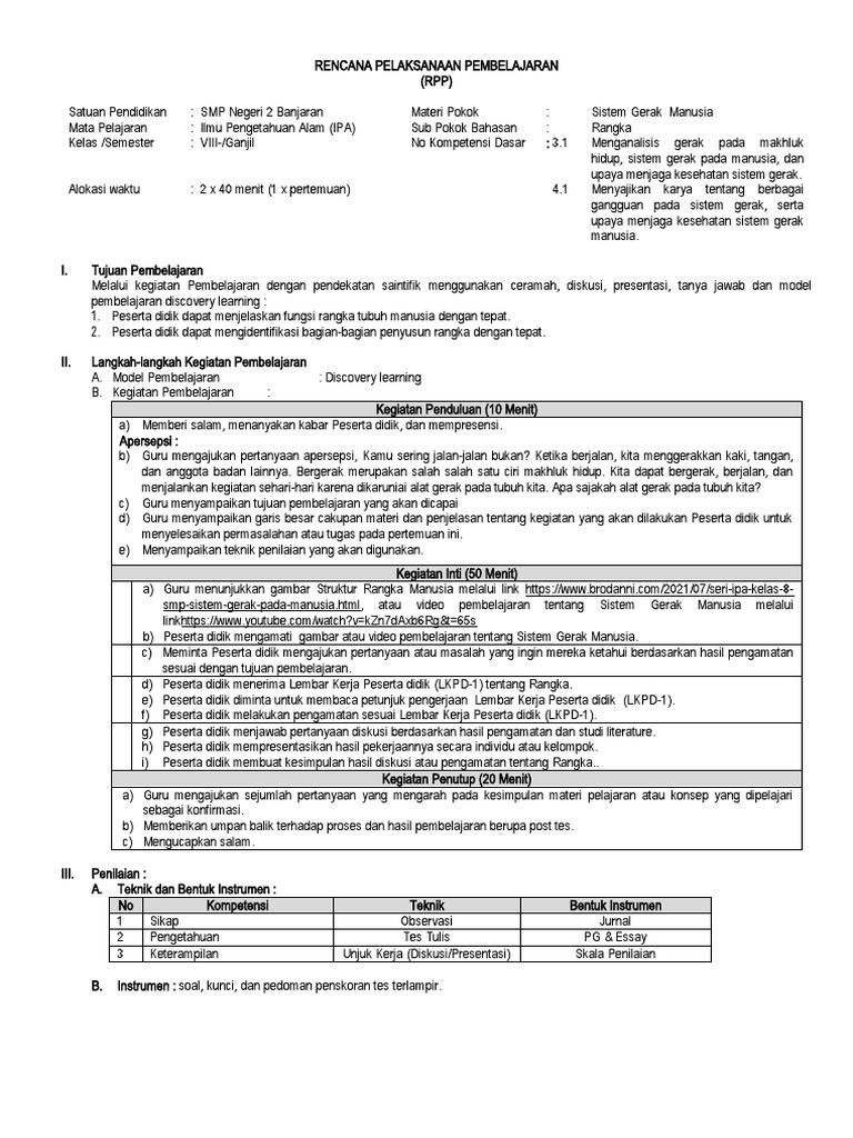 RPP IPA Sistem Gerak Manusia Pertemuan-1 | PDF