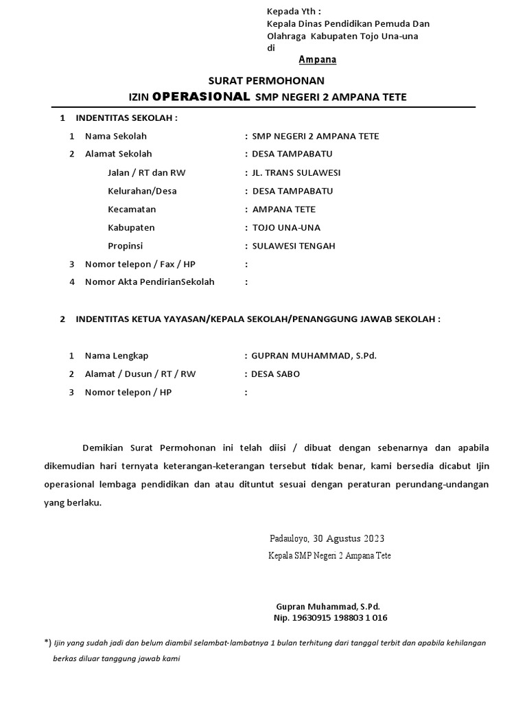 Surat Permohonan Izin Operasional | PDF