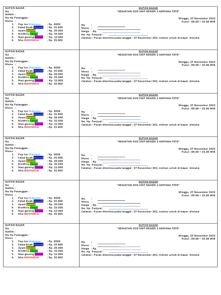 Kupon Bazar OSIS SMP Ampana | PDF | Memasak, Makanan, & Anggur