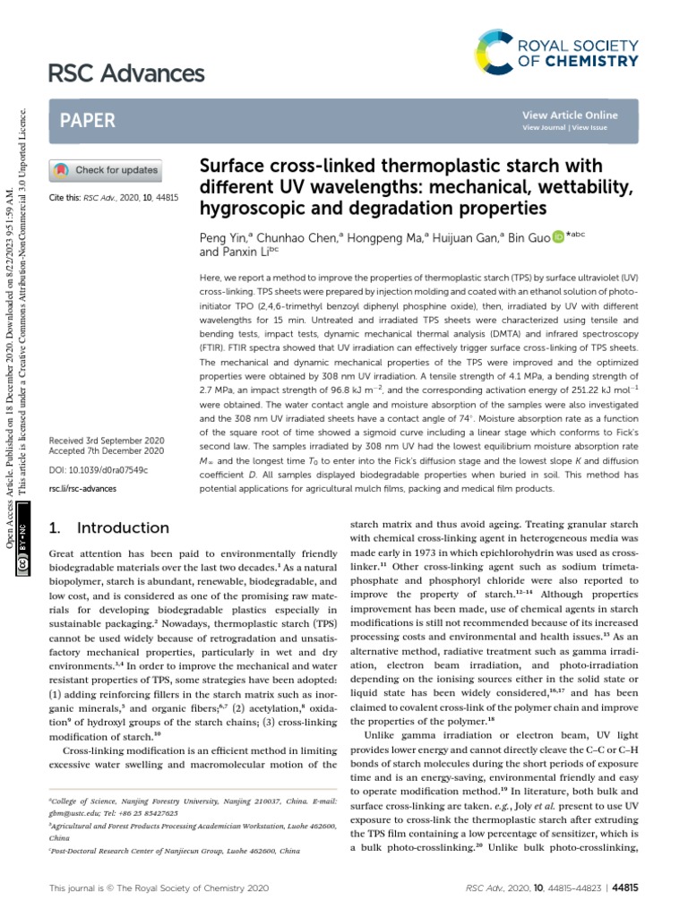 Surface Cross-Linked Thermoplastic Starch With Different UV | PDF ... Surface Cross-Linked Thermoplastic Starch With Different UV | PDF ...