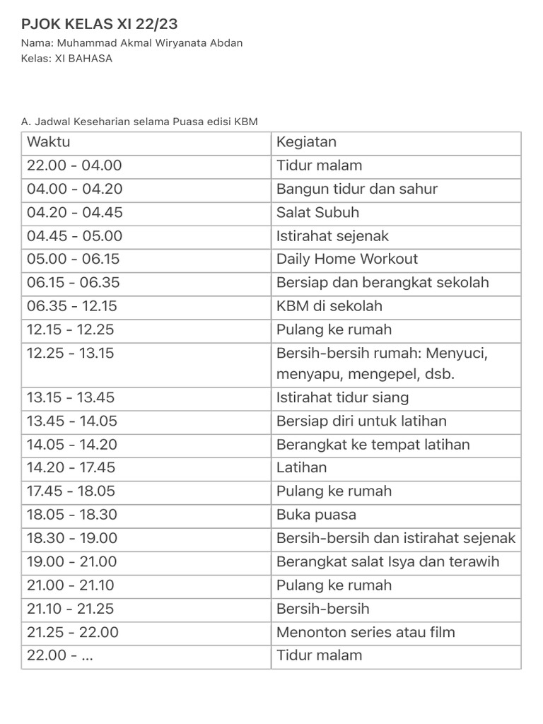 Pjok Jadwal Keseharian - M Akmal - Xi Bahasa | PDF