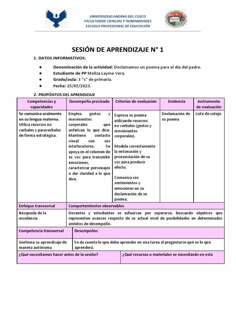 Sesion de Aprendizaje Declamacion de Un Poema | PDF | Aprendizaje | Evaluación