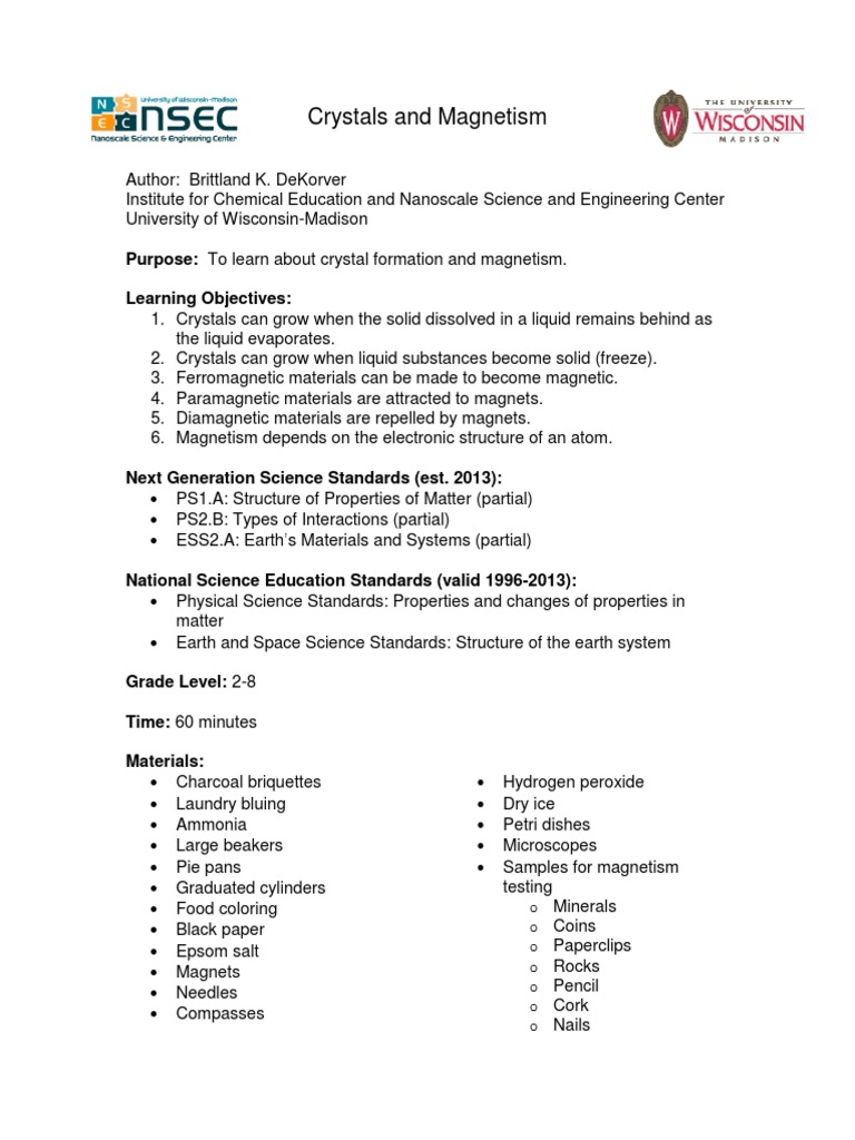 Crystals and Magnetism Lesson Plan | PDF | Magnetism | Magnet